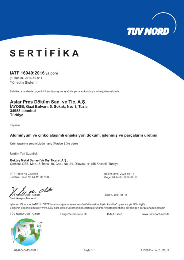 CERTIFICATION – ASLAR PRES Döküm Sanayi A.Ş.